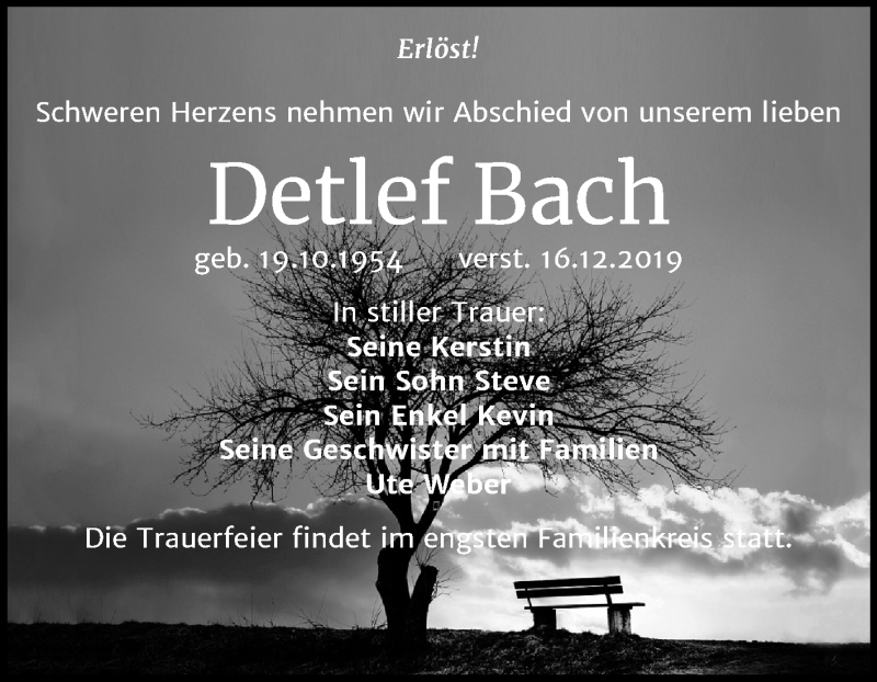 Traueranzeigen von Detlef Bach | www.abschied-nehmen.de