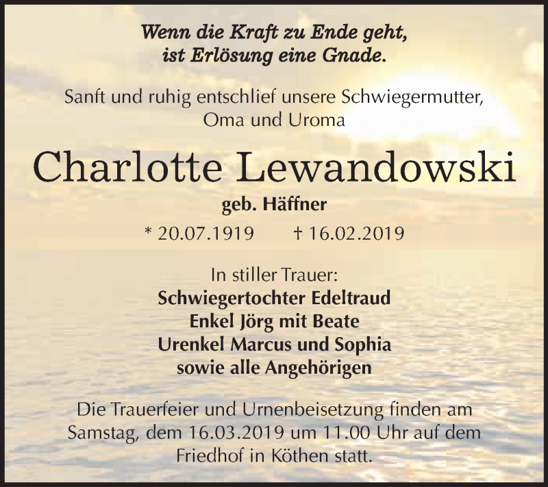 Traueranzeigen von Charlotte Lewandowski | www.abschied-nehmen.de