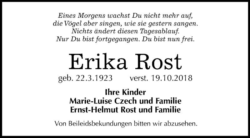 Traueranzeigen von Erika Rost | www.abschied-nehmen.de