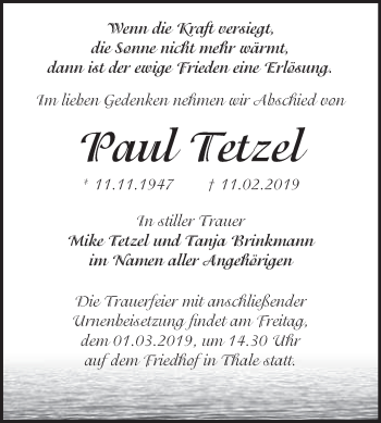 Traueranzeigen von Paul Tetzel | www.abschied-nehmen.de