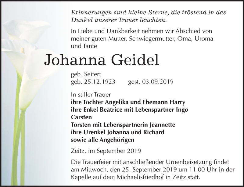 Traueranzeigen von Johanna Geidel | www.abschied-nehmen.de
