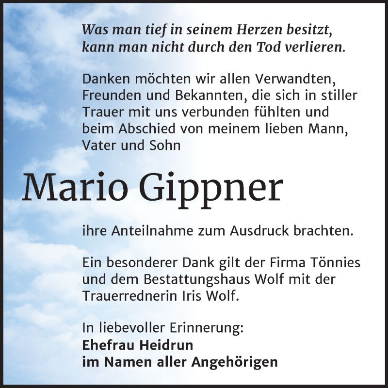 Traueranzeigen von Mario Gippner | www.abschied-nehmen.de