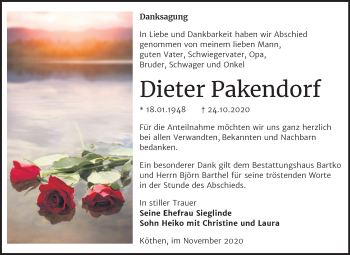 Traueranzeigen von Dieter Pakendorf | www.abschied-nehmen.de