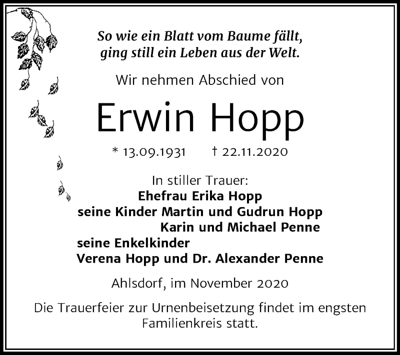 Traueranzeigen von Erwin Hopp | www.abschied-nehmen.de