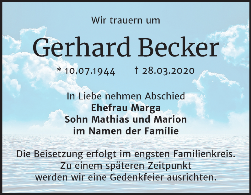 Traueranzeigen von Gerhard Becker | www.abschied-nehmen.de