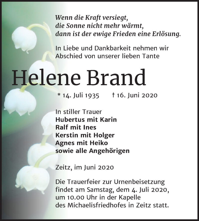 Traueranzeigen von Helene Brand | www.abschied-nehmen.de