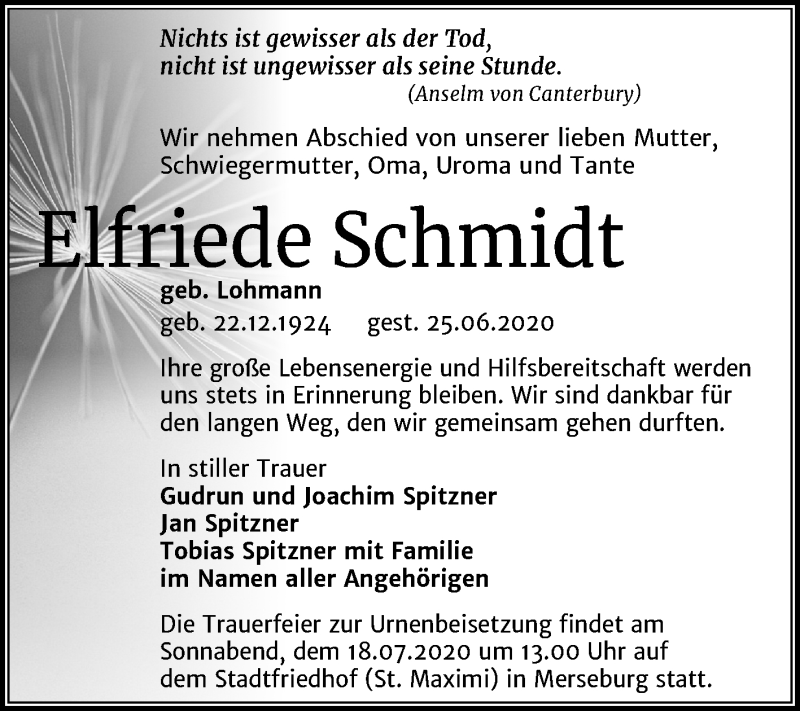 Traueranzeigen von Elfriede Schmidt | www.abschied-nehmen.de