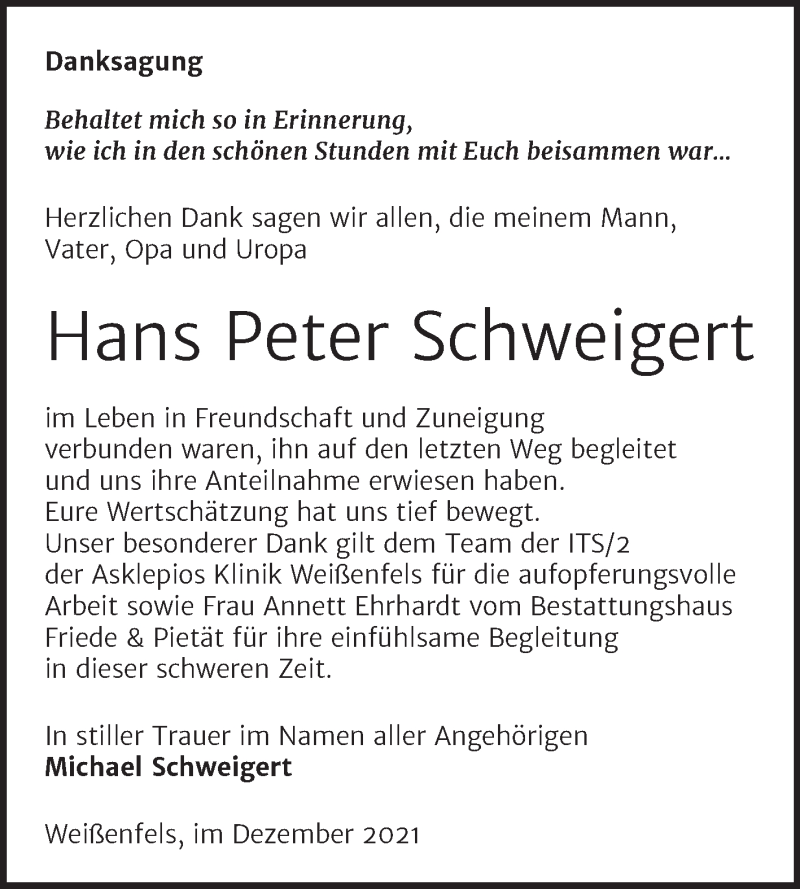 Traueranzeigen von Hans Peter Schweigert | www.abschied-nehmen.de