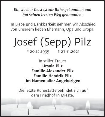 Traueranzeigen von Josef Pilz | www.abschied-nehmen.de