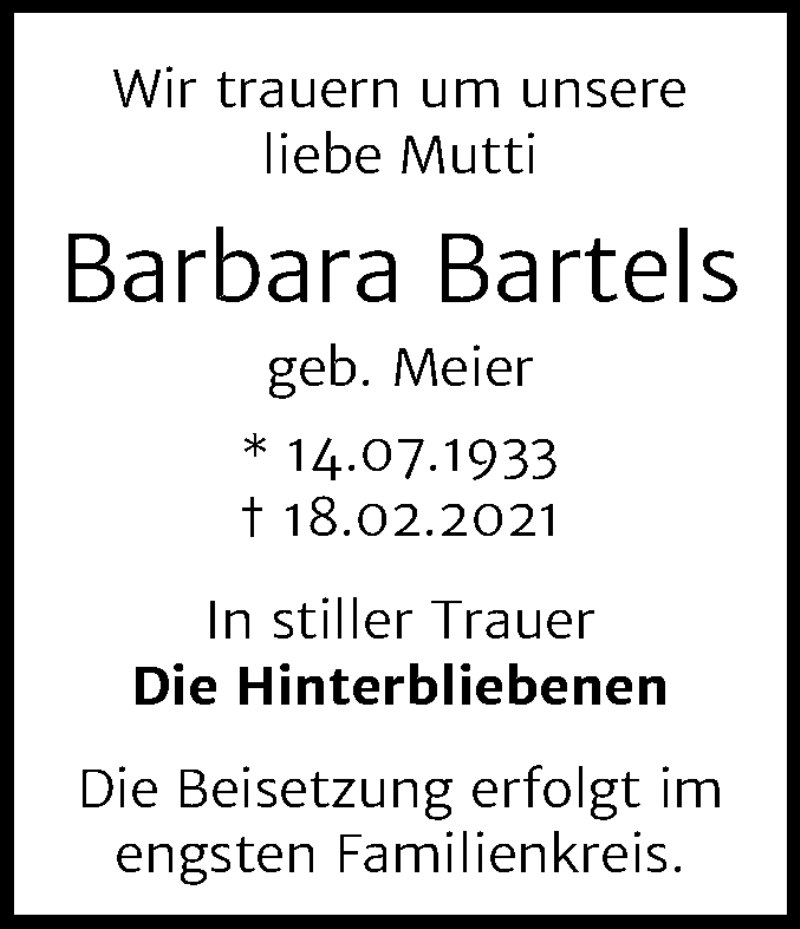 Traueranzeigen von Barbara Bartels | www.abschied-nehmen.de