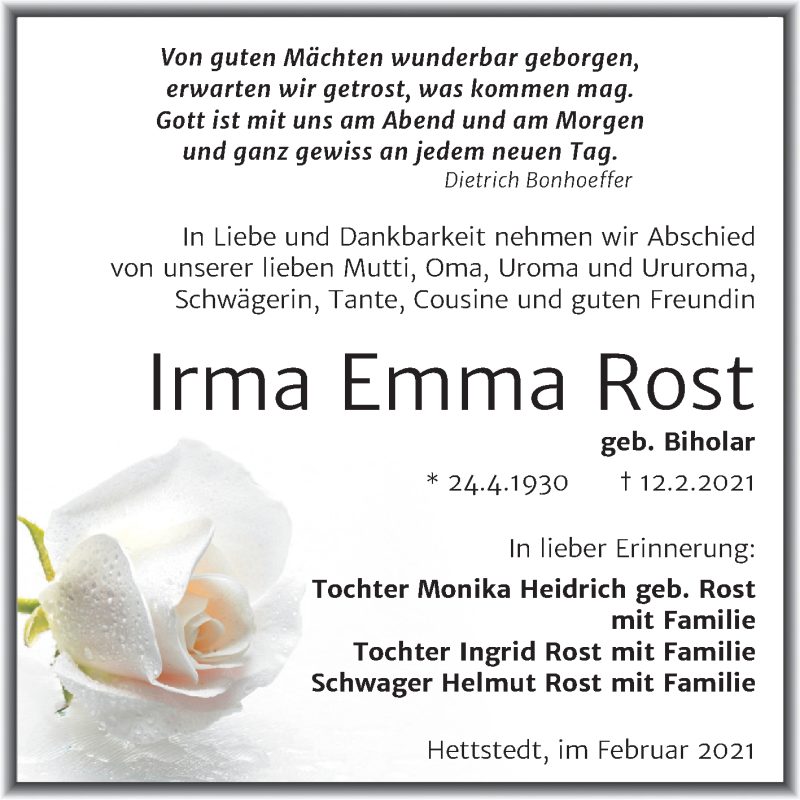 Traueranzeigen von Irma Emma Rost | www.abschied-nehmen.de