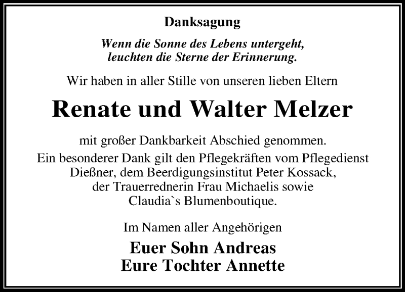 Traueranzeigen von Renate und Walter Melzer | www.abschied-nehmen.de