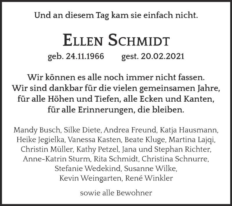 Traueranzeigen von Ellen Schmidt | www.abschied-nehmen.de