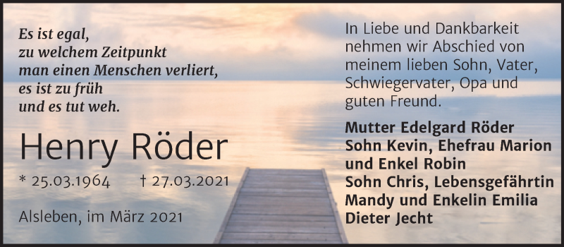 Traueranzeigen von Henry Röder | www.abschied-nehmen.de