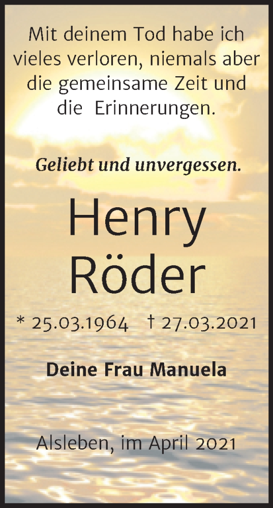 Traueranzeigen von Henry Röder | www.abschied-nehmen.de