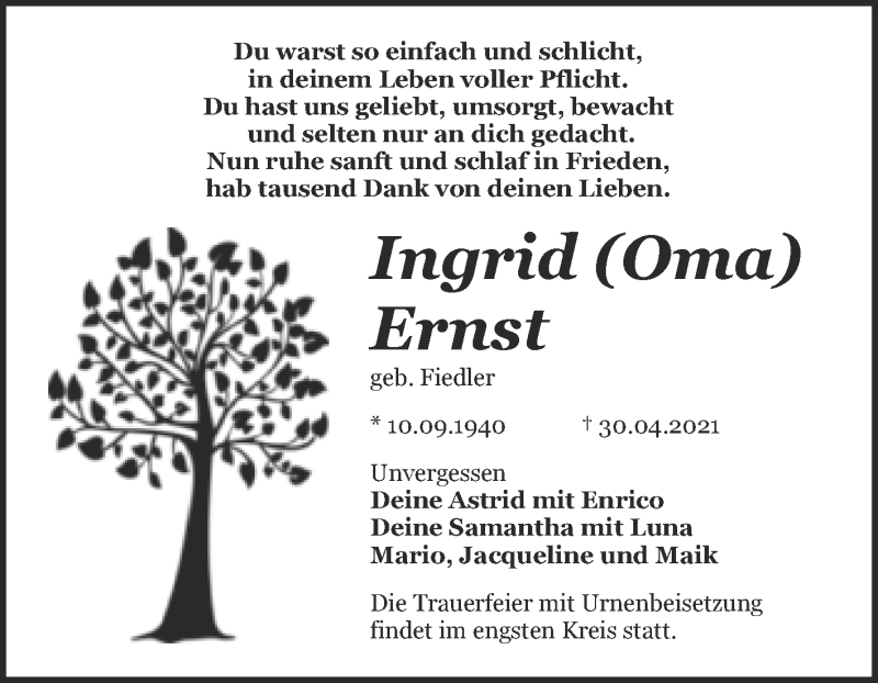 Traueranzeigen von Ingrid Ernst | www.abschied-nehmen.de