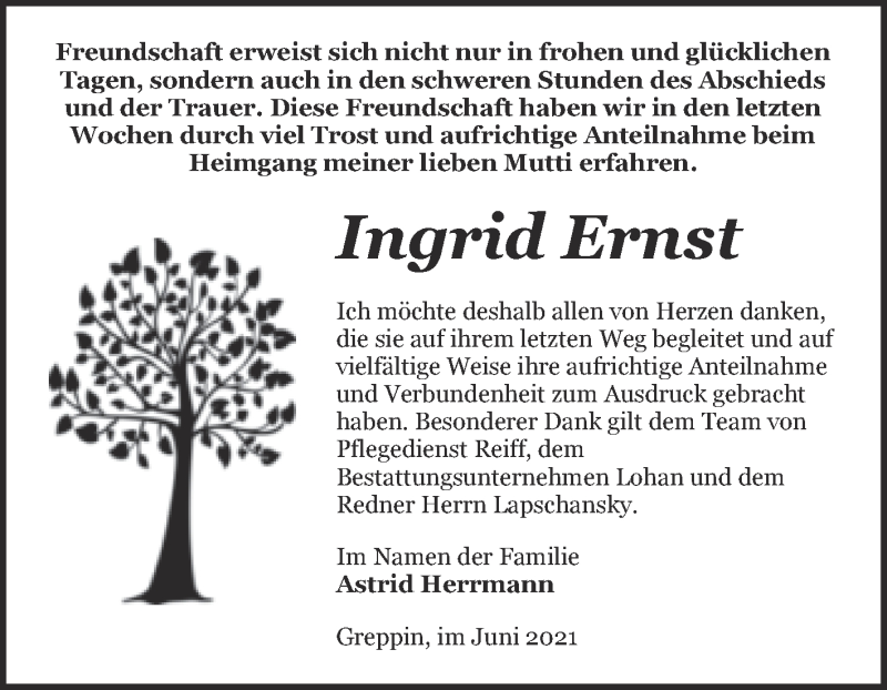 Traueranzeigen von Ingrid Ernst | www.abschied-nehmen.de