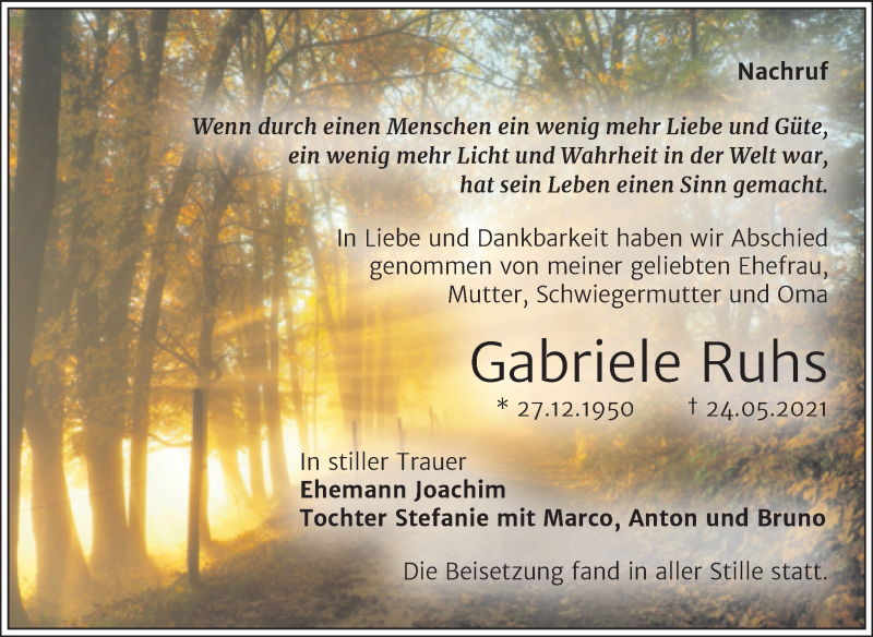 Traueranzeigen von Gabriele Ruhs | www.abschied-nehmen.de