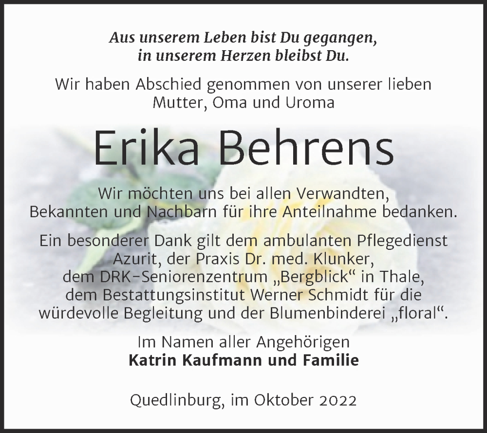 Traueranzeigen von Erika Behrens | www.abschied-nehmen.de