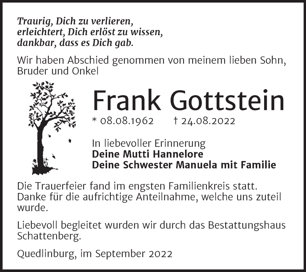 Traueranzeigen von Frank Gottstein | www.abschied-nehmen.de