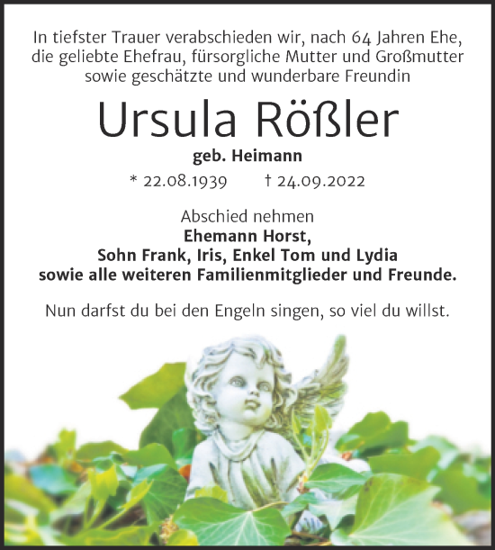 Traueranzeigen von Ursula Rößler | www.abschied-nehmen.de