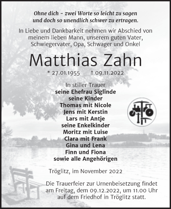 Traueranzeigen von Matthias Zahn | www.abschied-nehmen.de