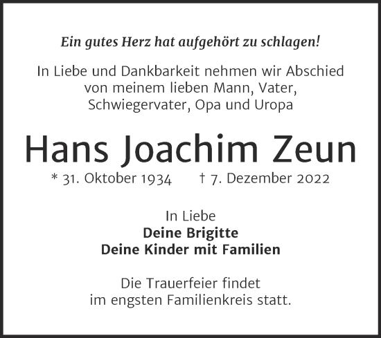 Traueranzeigen von Hans Joachim Zeun | www.abschied-nehmen.de