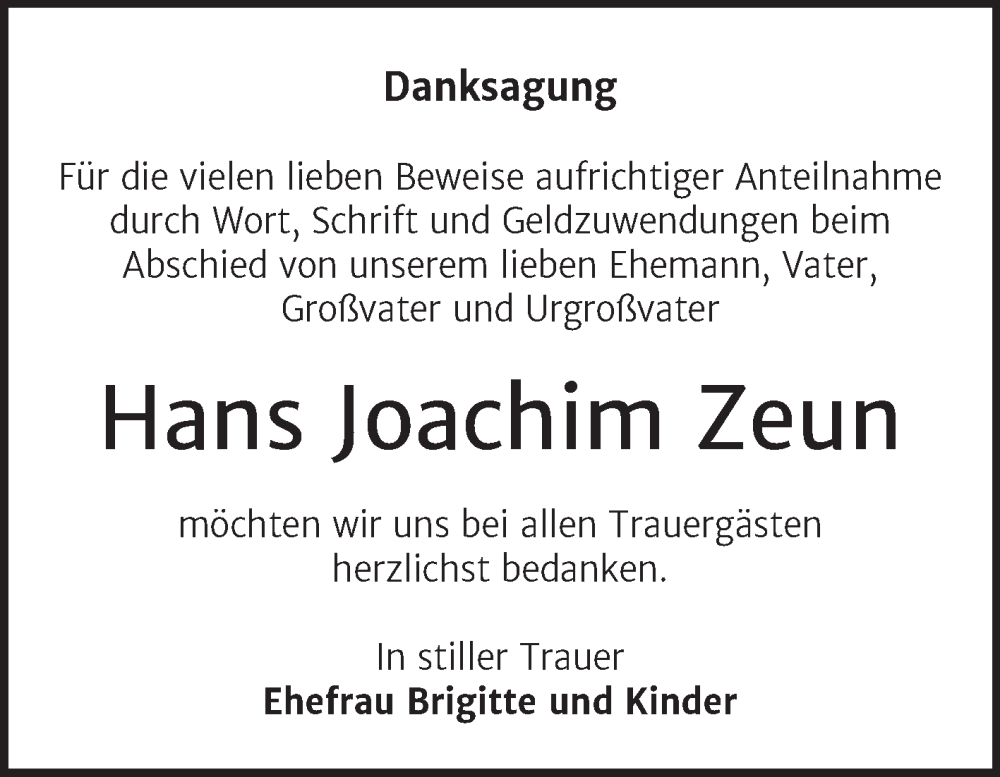 Traueranzeigen von Hans Joachim Zeun | www.abschied-nehmen.de