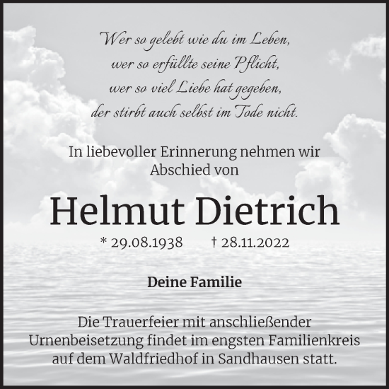 Traueranzeigen von Helmut Dietrich | www.abschied-nehmen.de