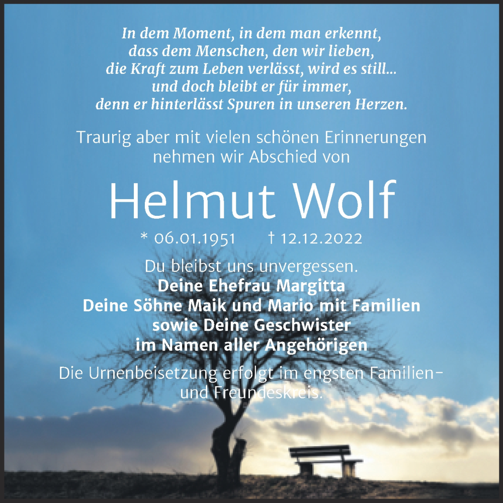 Traueranzeigen von Helmut Wolf | www.abschied-nehmen.de
