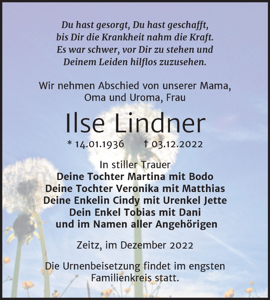 Traueranzeigen von Ilse Lindner | www.abschied-nehmen.de