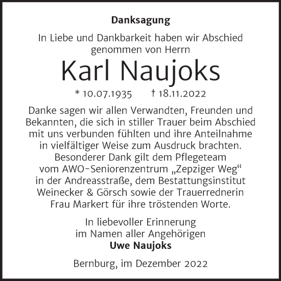 Traueranzeigen von Karl Naujoks | www.abschied-nehmen.de Traueranzeigen von Karl Naujoks | www.abschied-nehmen.de