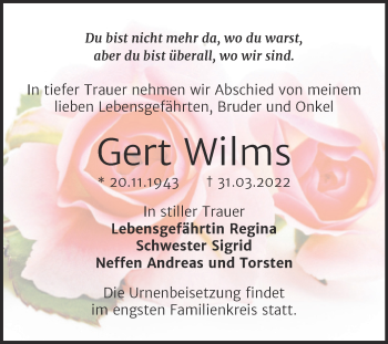 Traueranzeigen von Gert Wilms | www.abschied-nehmen.de