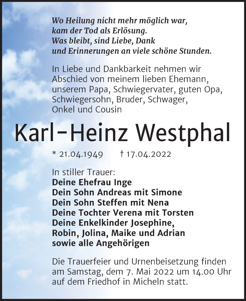 Traueranzeigen von Karl-Heinz Westphal | www.abschied-nehmen.de