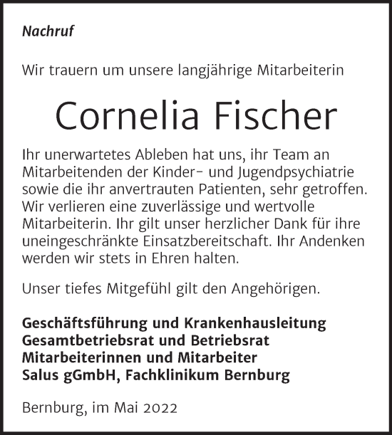 Traueranzeigen von Cornelia Fischer | www.abschied-nehmen.de