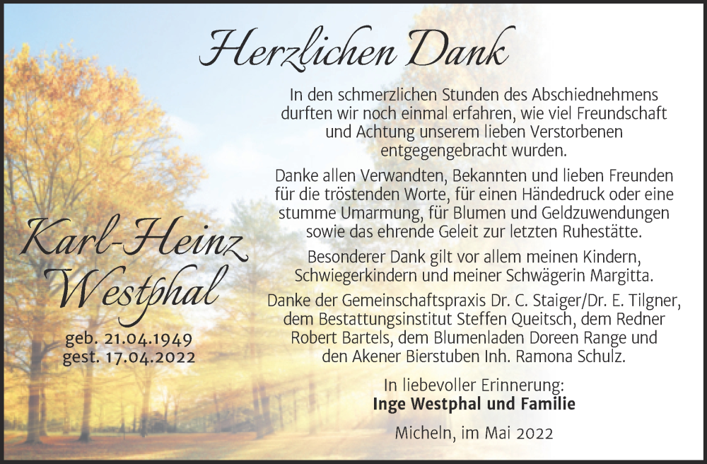Traueranzeigen von Karl-Heinz Westphal | www.abschied-nehmen.de