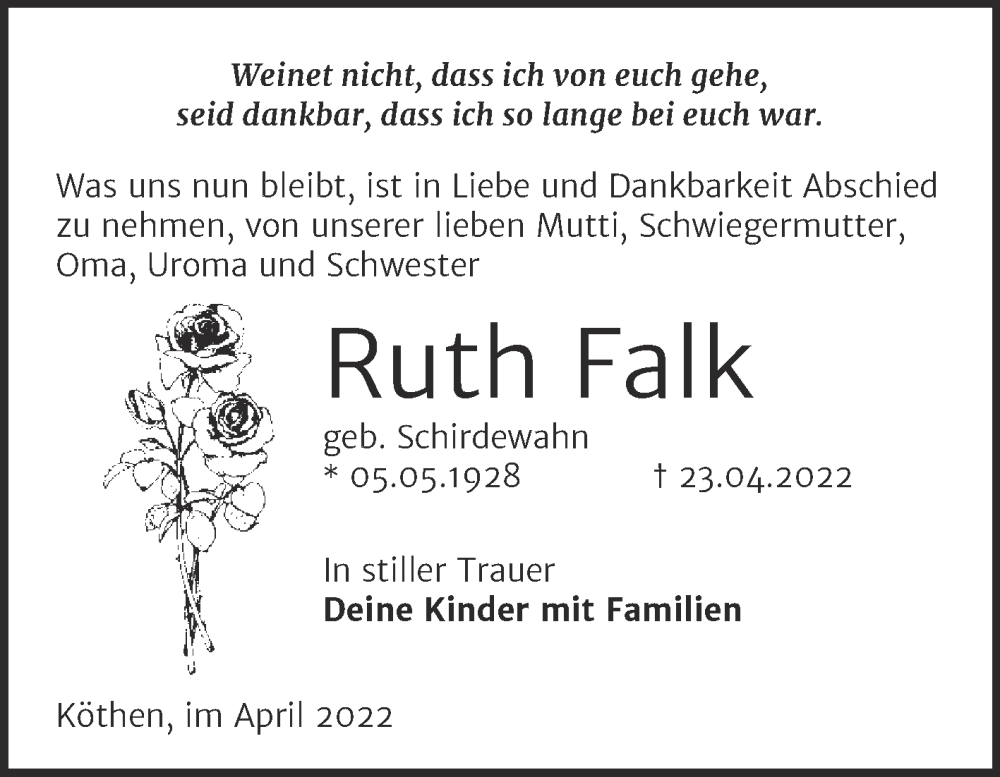 Traueranzeigen von Ruth Falk | www.abschied-nehmen.de