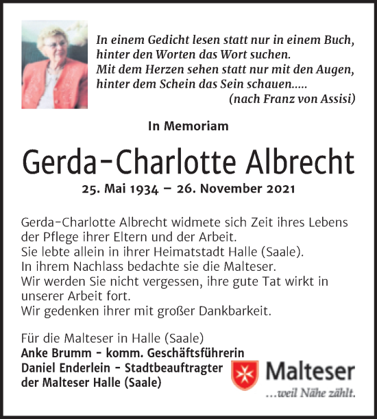 Traueranzeigen von Gerda-Charlotte Albrecht | www.abschied-nehmen.de