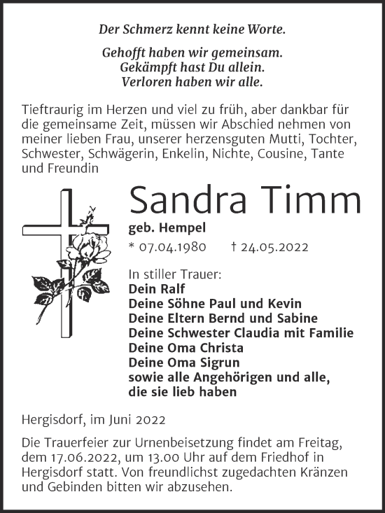 Traueranzeigen von Sandra Timm | www.abschied-nehmen.de