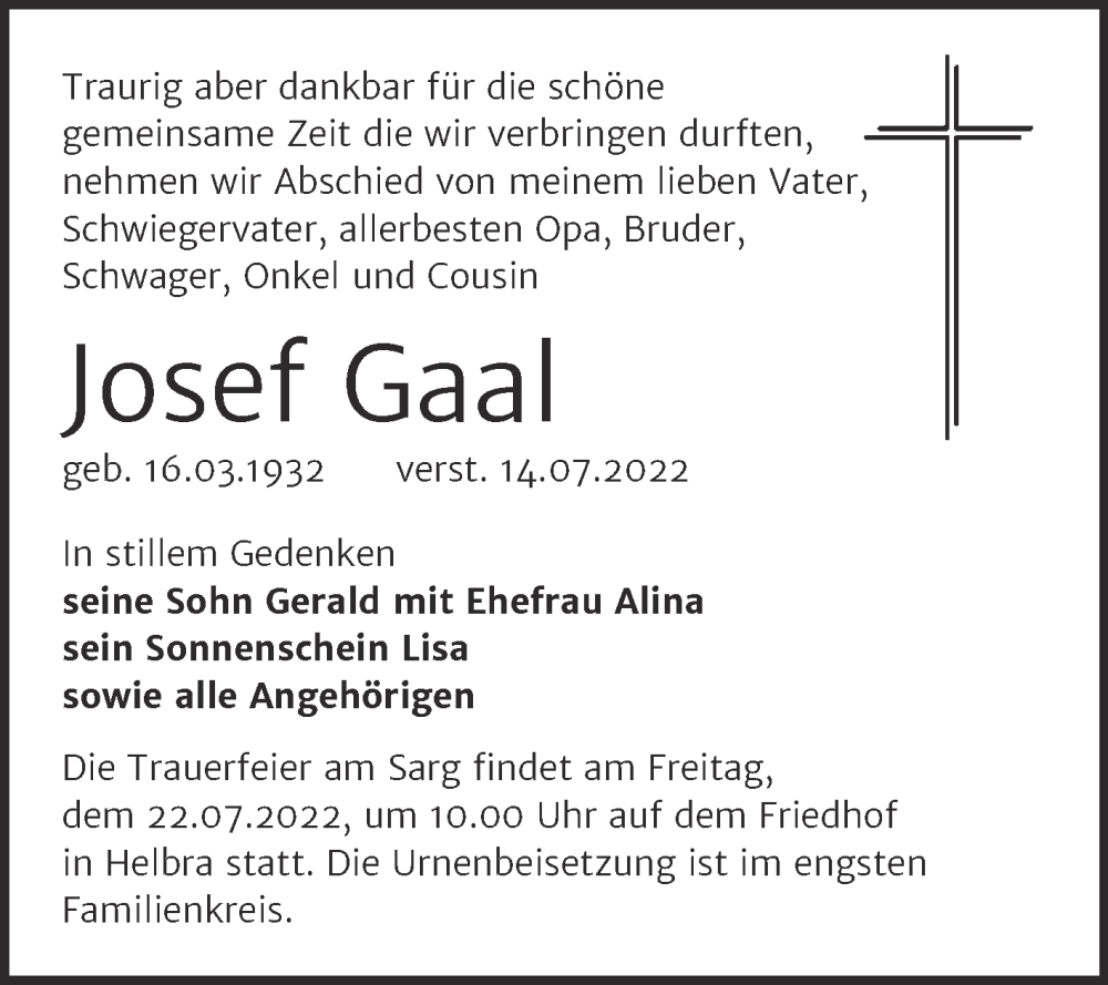 Traueranzeigen von Josef Gaal | www.abschied-nehmen.de