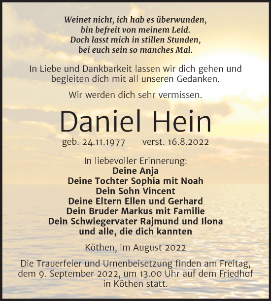 Traueranzeigen von Daniel Hein | www.abschied-nehmen.de
