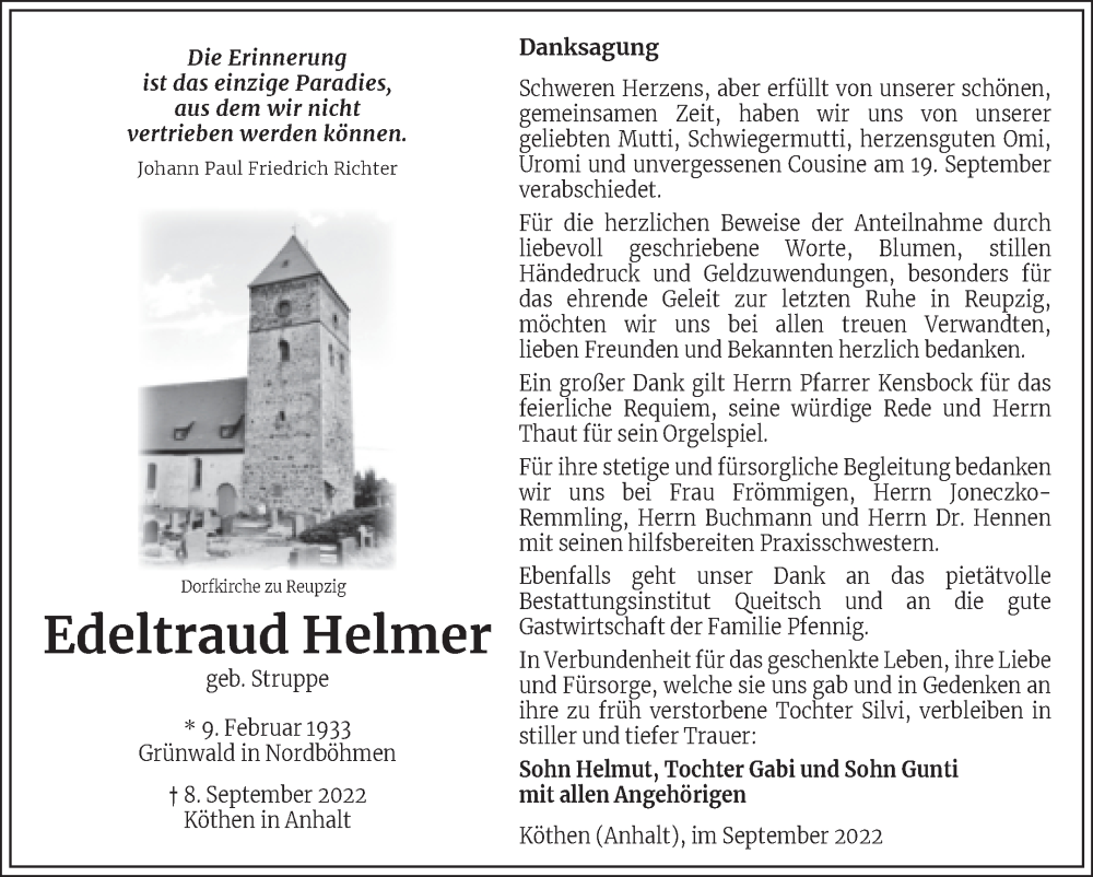 Traueranzeigen von Edeltraud Helmer | www.abschied-nehmen.de