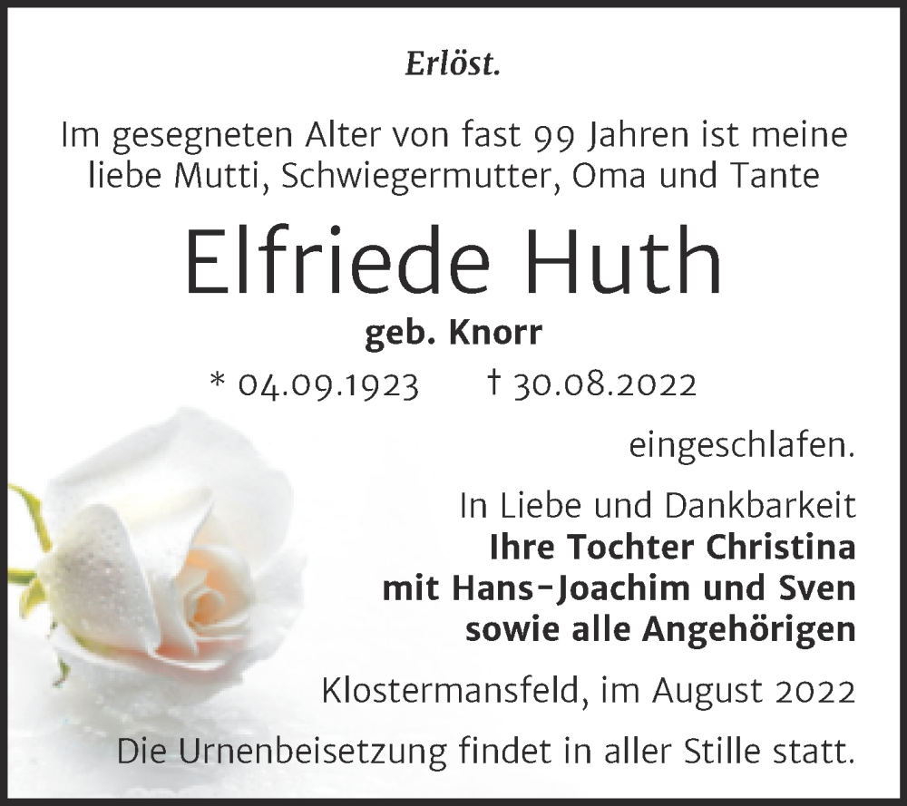 Traueranzeigen von Elfriede Huth | www.abschied-nehmen.de