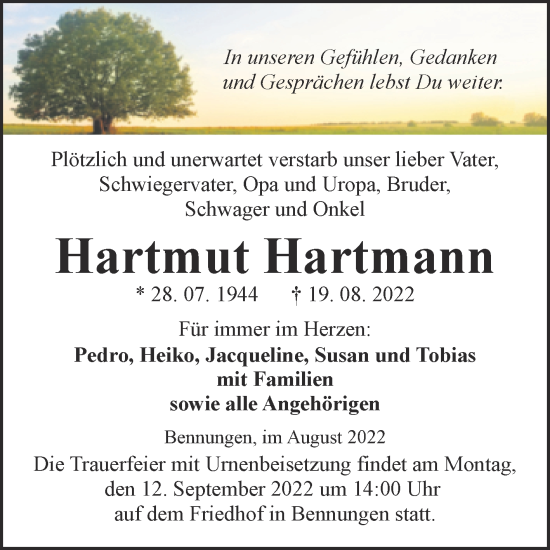 Traueranzeigen von Hartmut Hartmann | www.abschied-nehmen.de