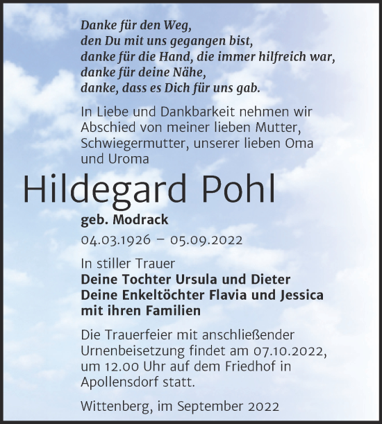 Traueranzeigen von Hildegard Pohl | www.abschied-nehmen.de