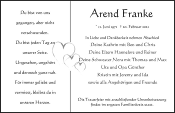 Traueranzeigen von Arend Franke | www.abschied-nehmen.de