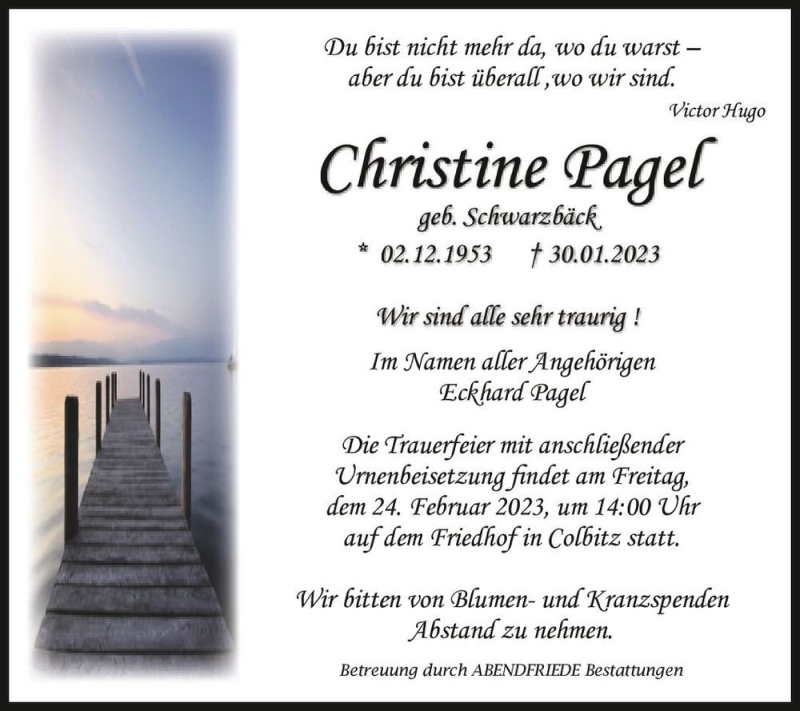 Traueranzeigen von Christine Pagel (geb. Schwarzbäck) | www.abschied ...