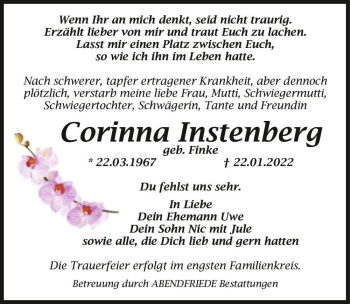 Traueranzeigen von Corinna Instenberg (geb. Finke) | www.abschied-nehmen.de