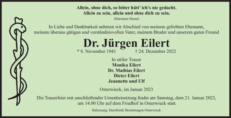 Traueranzeigen von Dr. Jürgen Eilert | www.abschied-nehmen.de