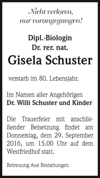 Traueranzeigen von Dr. rer. nat. Gisela Schuster | www.abschied-nehmen.de